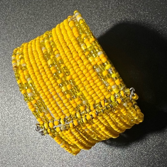 Jewelry | Vintage Yellow Glass Seed Bead Cuff Bracelet Wide Wire Beaded ...